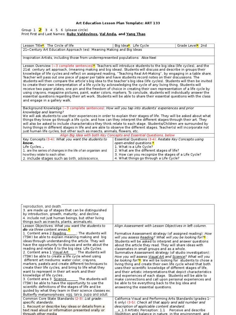 Art Education Lesson Plan Template: ART 133: ( 3 Complete Sentences ...