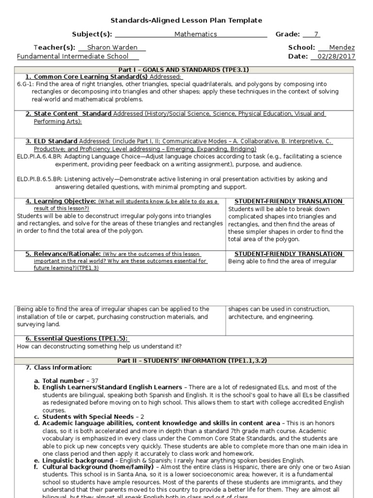 Area of Irregular Polygons Lesson Plan | PDF | Area | Lesson Plan