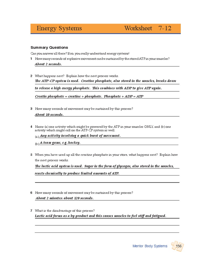 Energy Systems Worksheet 7-12: Summary Questions | PDF | Adenosine ...