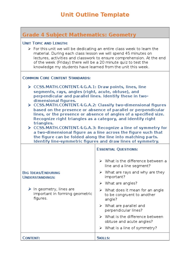 Unit Outline Template: Grade 4 Subject Mathematics: Geometry | PDF ...