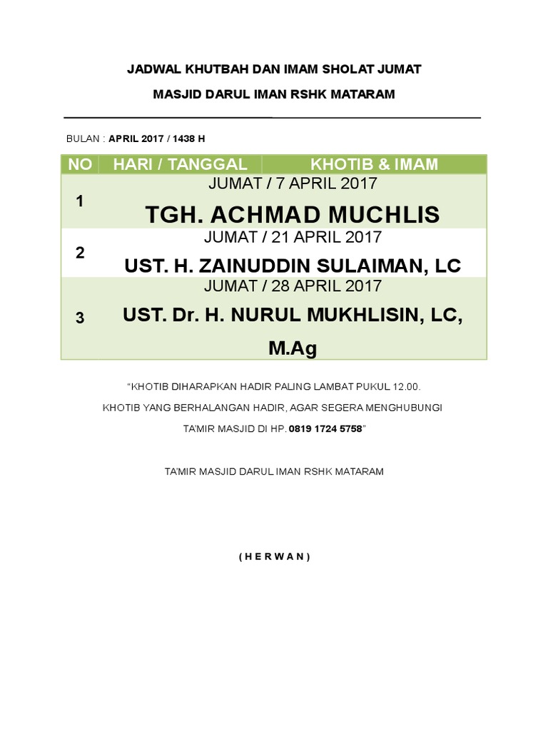 Jadwal Khutbah Dan Imam Sholat Jumat | PDF
