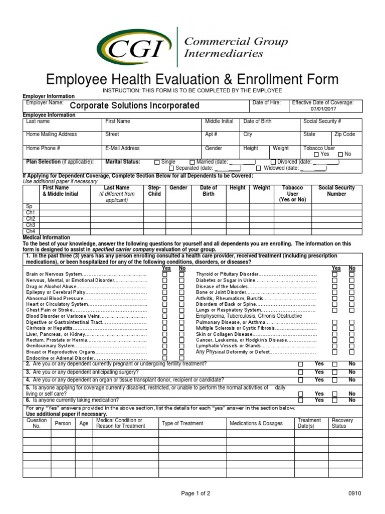 Employee Health Evaluation & Enrollment Form: Corporate Solutions ...