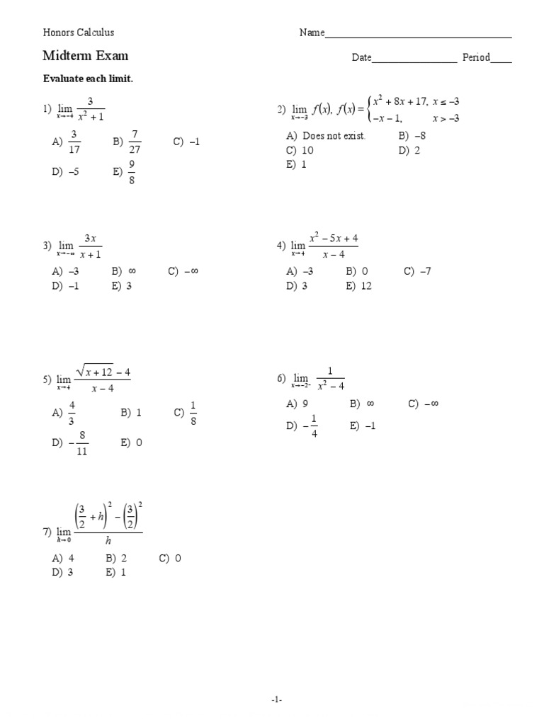 Honors Calculus Midterm Exam | PDF