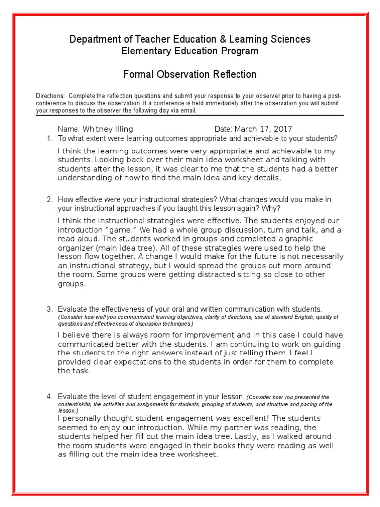 Formal Observation Reflection Lesson Study | PDF | Classroom Management ...