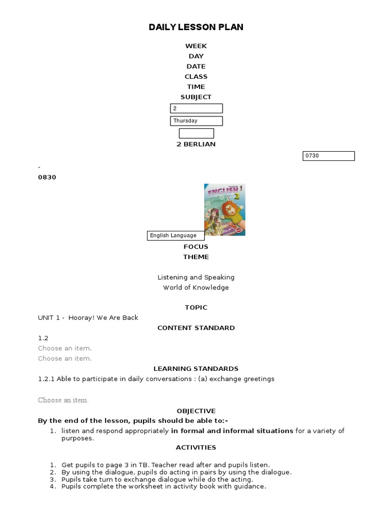 Daily Lesson Plan: Week DAY Date Class Time Subject | Download Free PDF ...