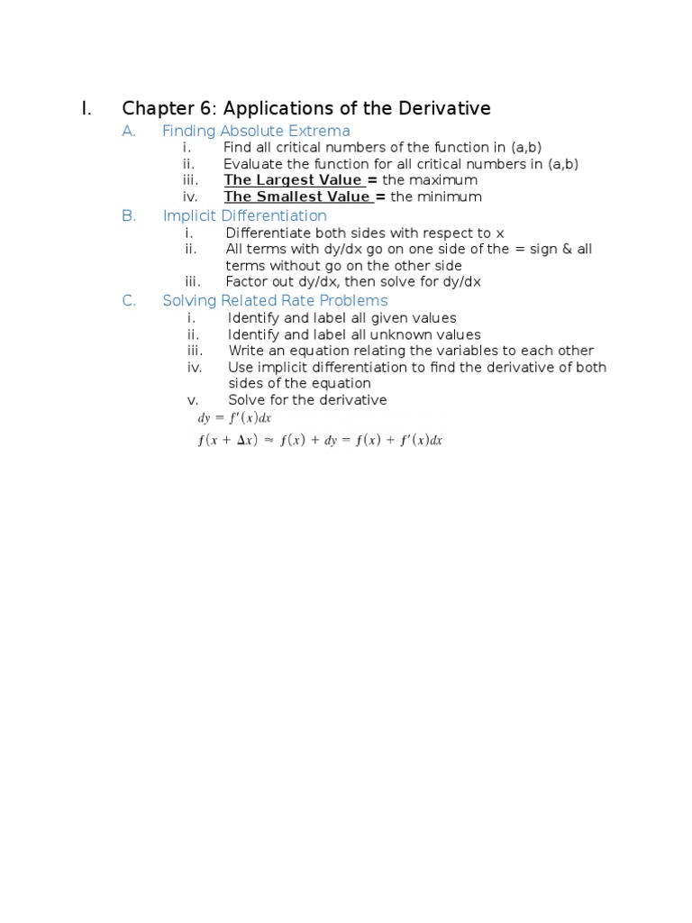 I. Chapter 6: Applications of The Derivative: A. Finding Absolute ...