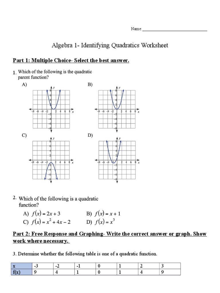 Identifying Quadratic Functions Worksheet | PDF