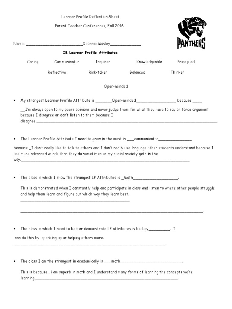 Ib Learner Profile Reflection | PDF