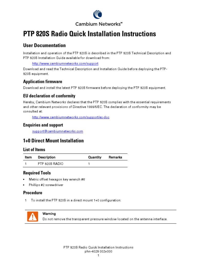 PTP 820S Radio Quick Install | PDF | Screw | Antenna (Radio)