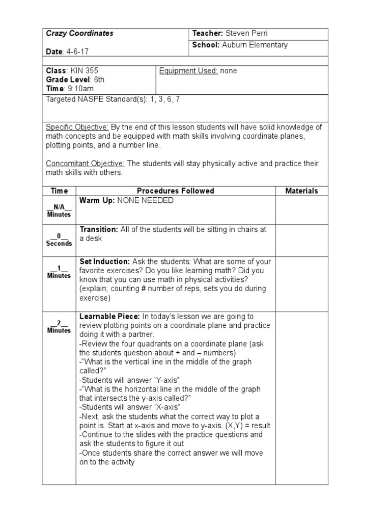 Lesson Plan 2 | PDF | Cartesian Coordinate System | Teaching