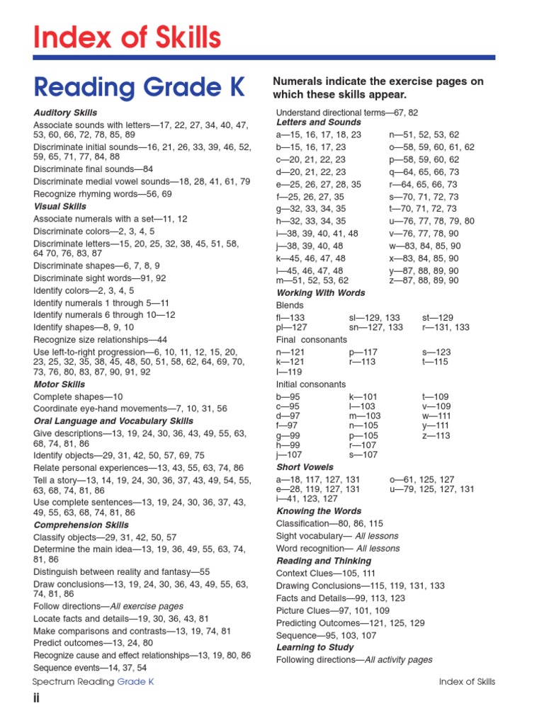 Spectrum Reading, Grade K-Index | PDF | Psychological Concepts ...