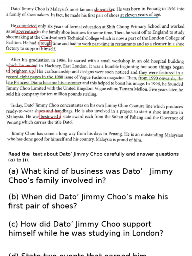 Dato Jimmy Choo's Comprehension | PDF