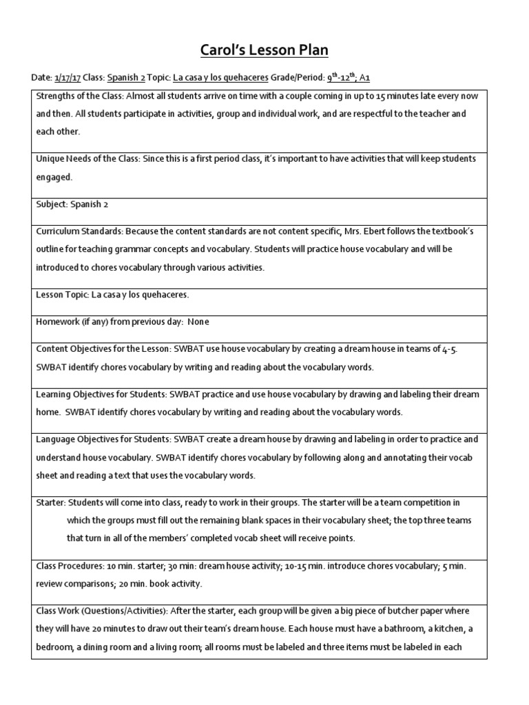 1-17 A1 Lesson Plan House and Chores Vocab | PDF | Vocabulary | Lesson Plan
