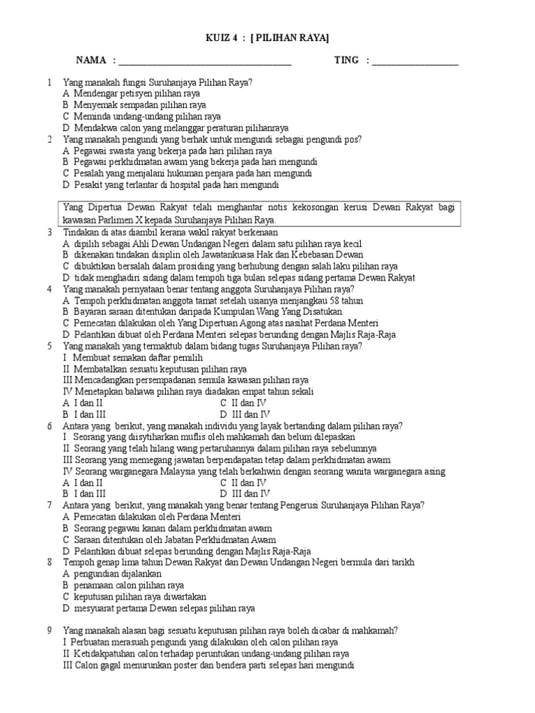 KUIZ 4 Pilihanraya | PDF | Politik | Hukum