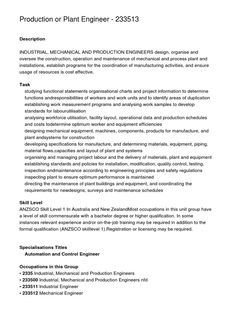 Production or Plant Engineer Overview | PDF