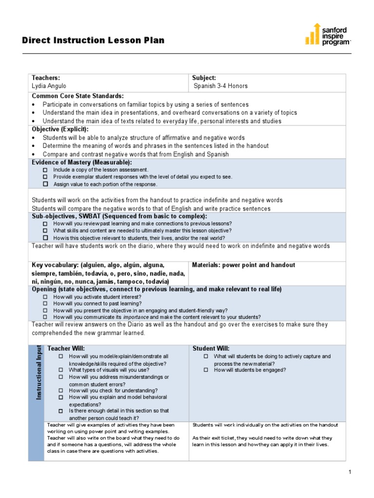 Indefinite and Negative Words in Spanish | PDF | Mentorship | Teachers