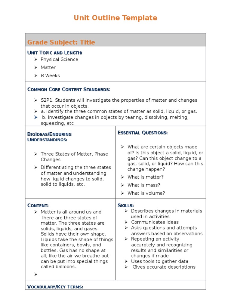 Unit Outline Template: Grade Subject: Title | PDF | Liquids | Gases