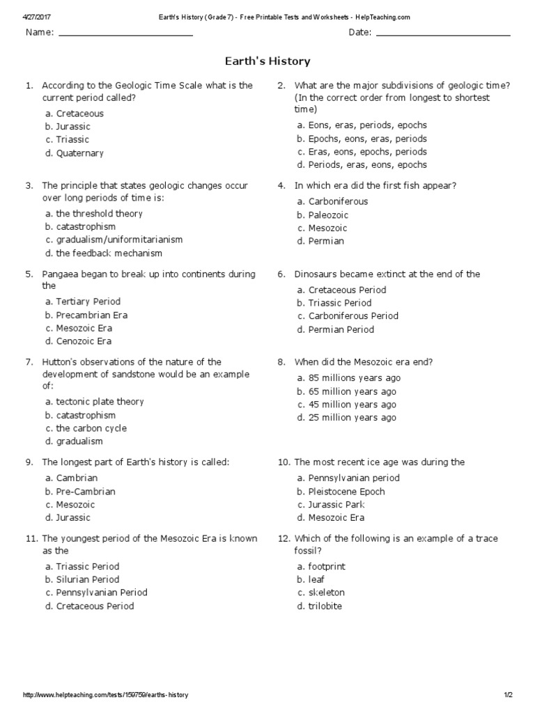 Grade 7 Earth's History Worksheets | PDF | Geologic Time Scale ...