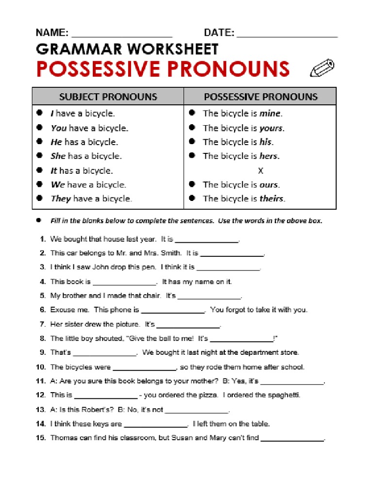 Possessive Pronouns Worksheets