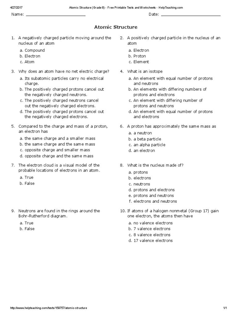 Atomic Structure (Grade 8) - Free Printable Tests and Worksheets ...