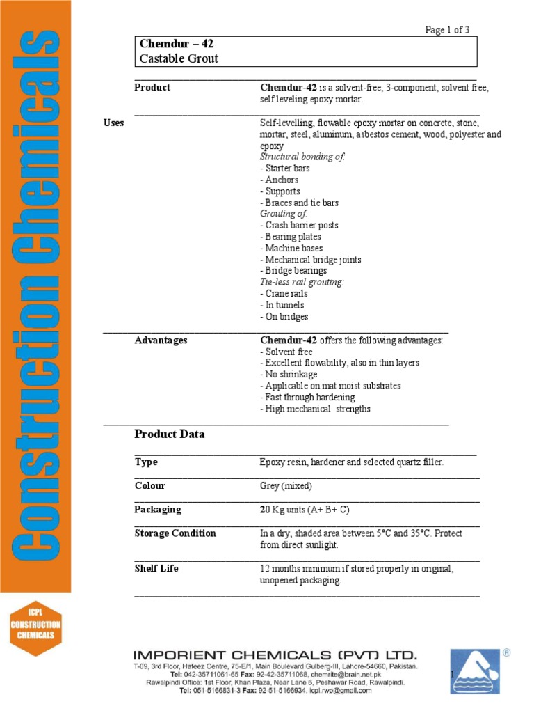 Castable Grout: Chemdur - 42 | PDF | Epoxy | Concrete