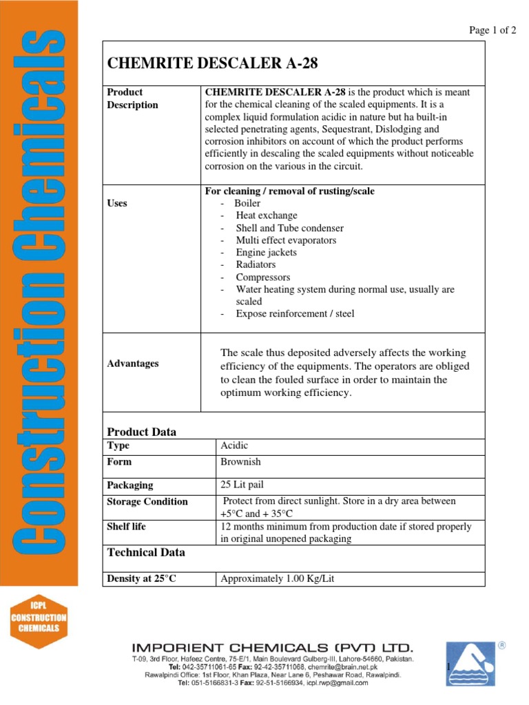 Chemrite Descaler A-28 | PDF | Boiler | Applied And Interdisciplinary ...