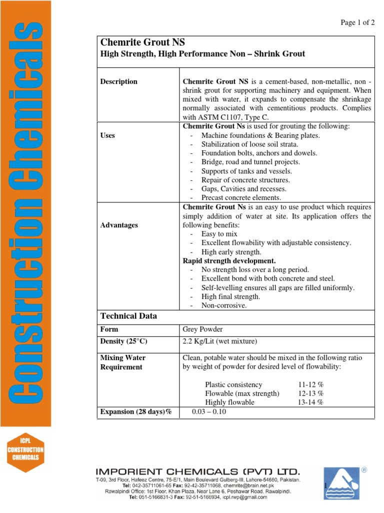 Chemrite Grout NS | PDF | Concrete | Water