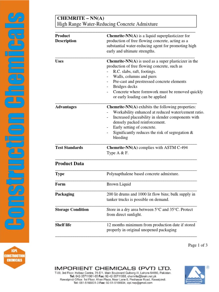 High Range Water-Reducing Concrete Admixture: Chemrite - NN (A) | PDF ...
