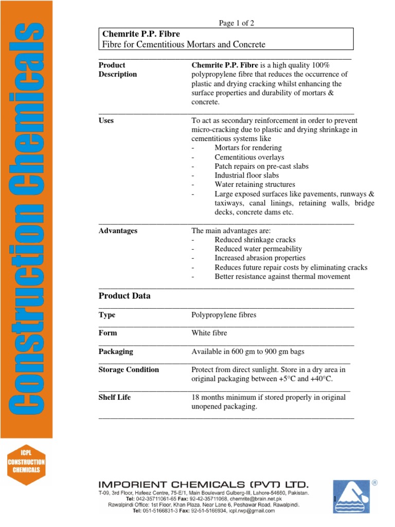 Chemrite PP Fibre | PDF | Concrete | Industries