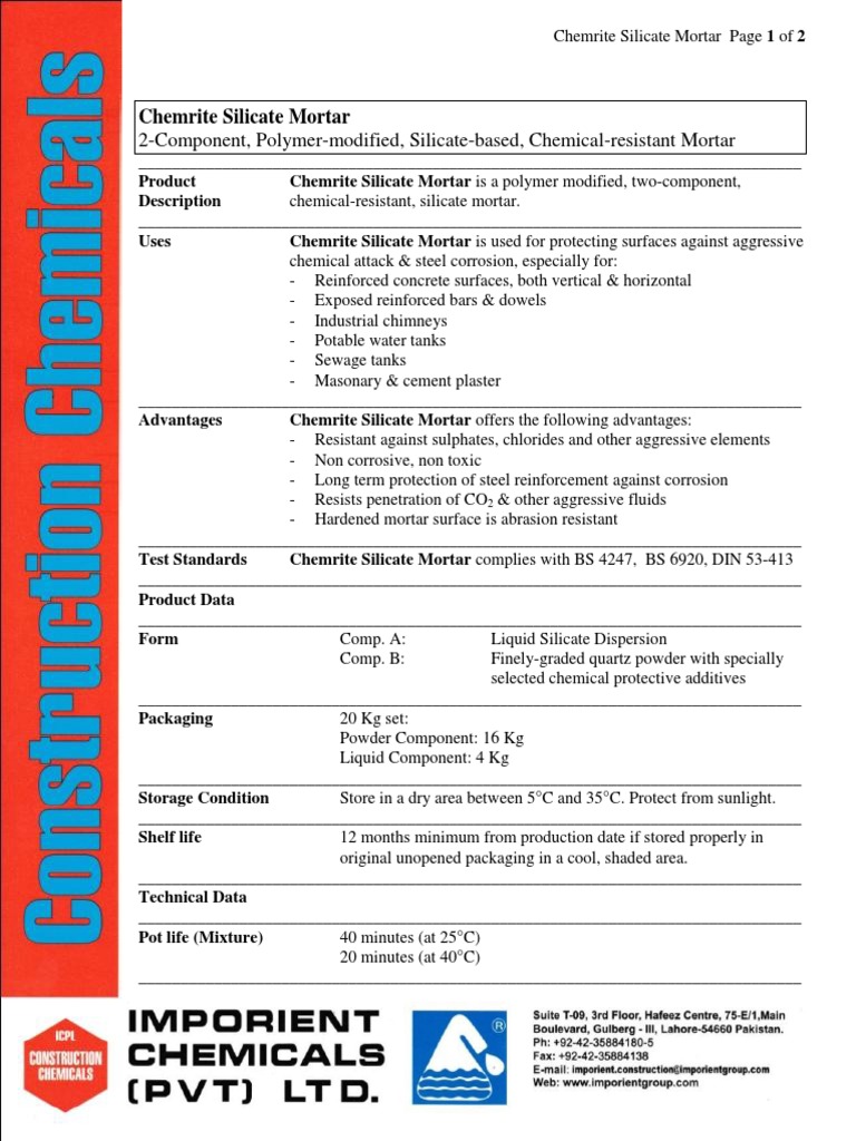 Chemrite Silicate Mortar | PDF | Mortar (Masonry) | Corrosion