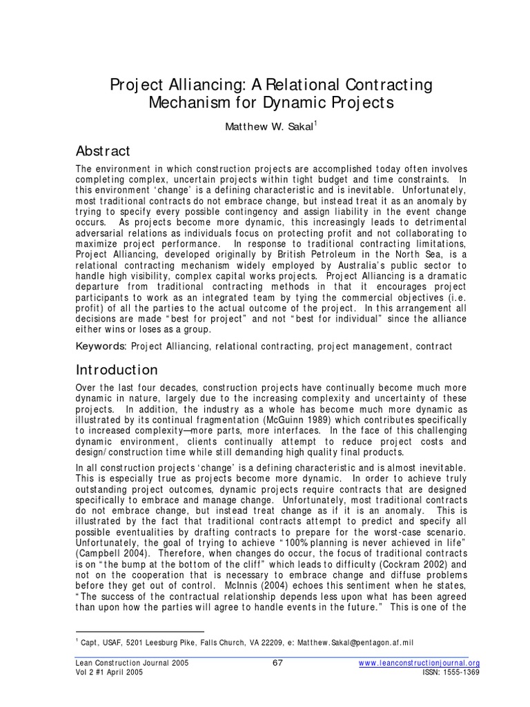Project Alliancing A Relational Contracting Mechanism For Dynamic ...