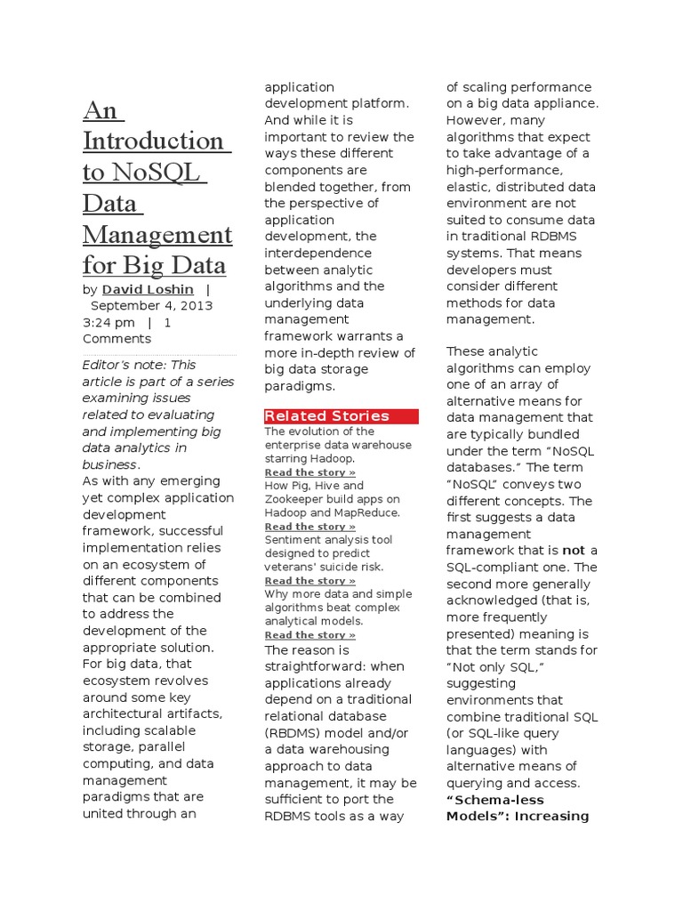 An To Nosql Data Management For Big Data: David Loshin | Download Free PDF | No Sql | Big Data