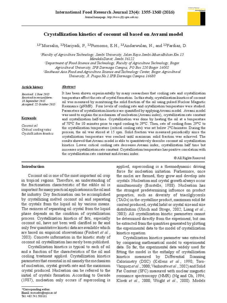Crystallization Kinetics of Coconut Oil Based On Avrami Model | PDF ...