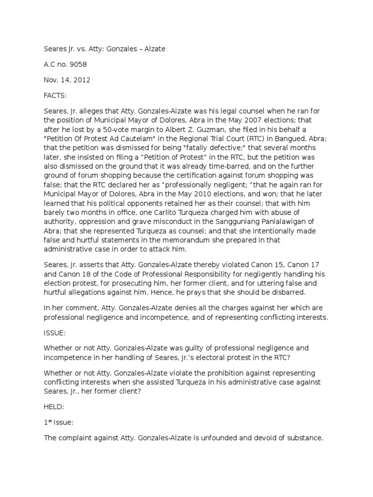 Seares Jr. Vs Atty Gonzales - Alzate | PDF | Lawyer | Justice