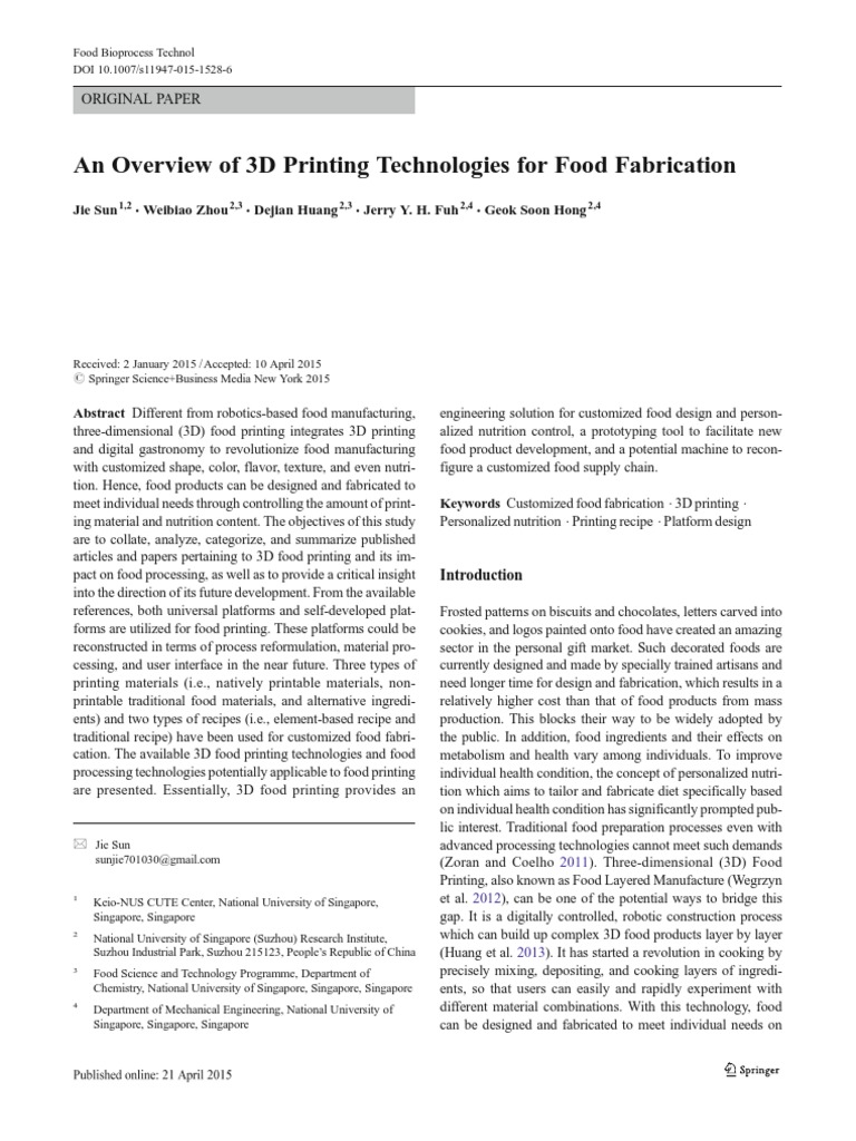 An Overview of 3D Printing Technologies For Food Fabrication | PDF | 3 ...