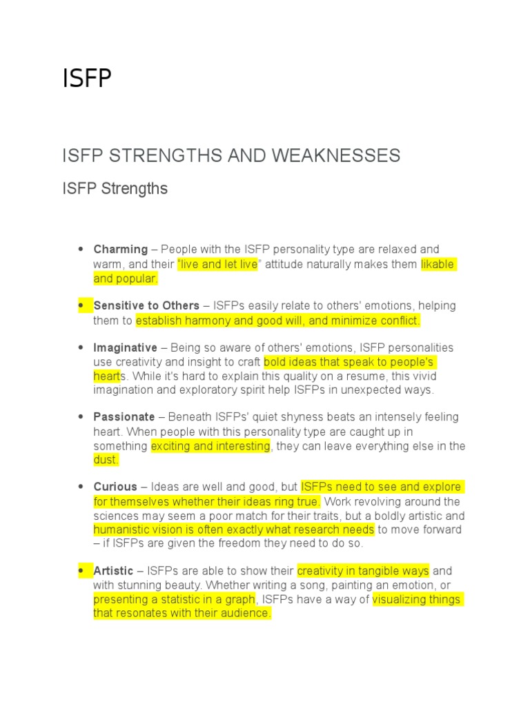 Isfp Strengths and Weaknesses | PDF | Personality Type | Emotions