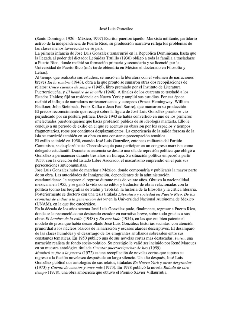 biografia Jose luis gonzalez | Puerto Rico | Cuentos