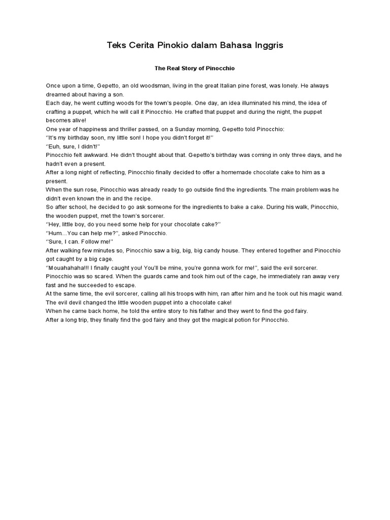 Teks Cerita Pinokio Dalam Bahasa Inggris | PDF | Pinocchio