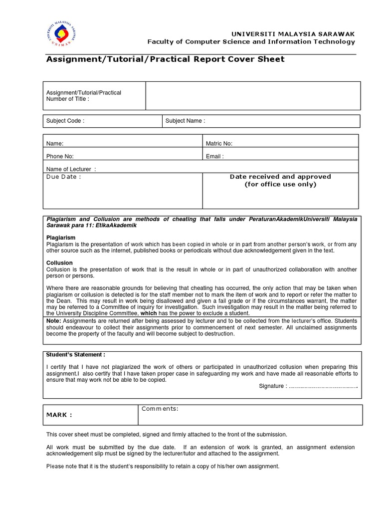 Assignment/Tutorial/Practical Report Cover Sheet | PDF | Plagiarism ...