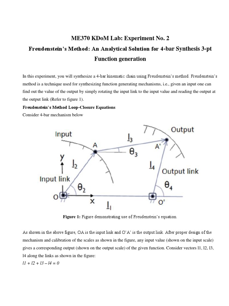 Me370 Kdom Lab: Experiment No. 2 Freudenstein'S Method: An Analytical Solution For 4-Bar ...