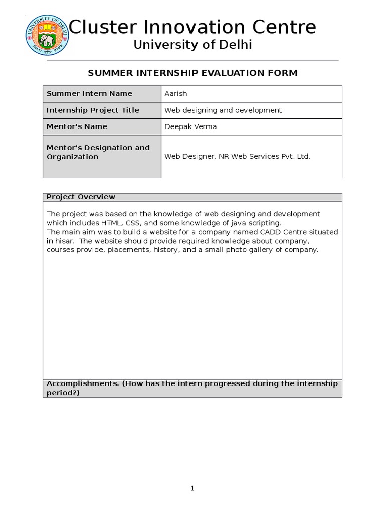 Summer Internship Evaluation Form | PDF | Internship | Job Hunting