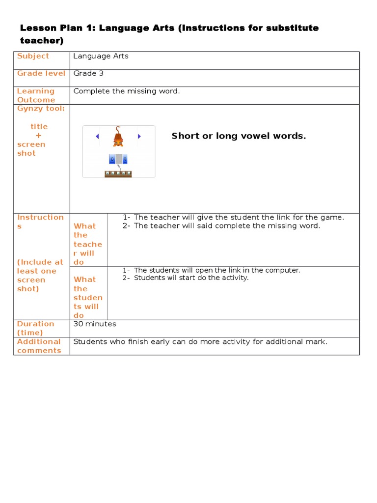 Lesson Plan 1: Language Arts (Instructions For Substitute Teacher ...