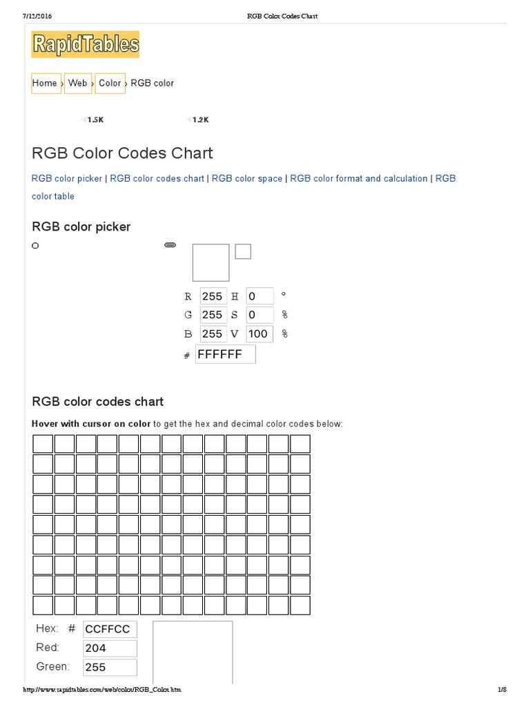 RGB Color Codes Chart | PDF | Rgb Color Model | Grey