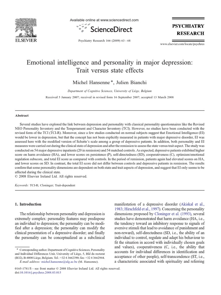 Emotional Intelligence and Personality in Major Depression: Trait ...