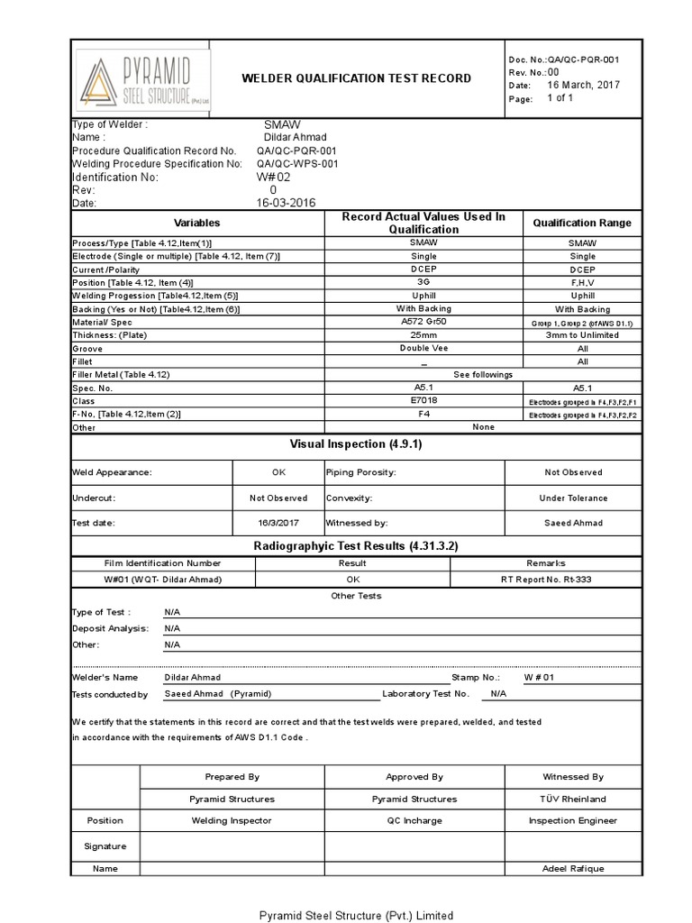 Welder Qualification Test Record | PDF | Welding | Construction