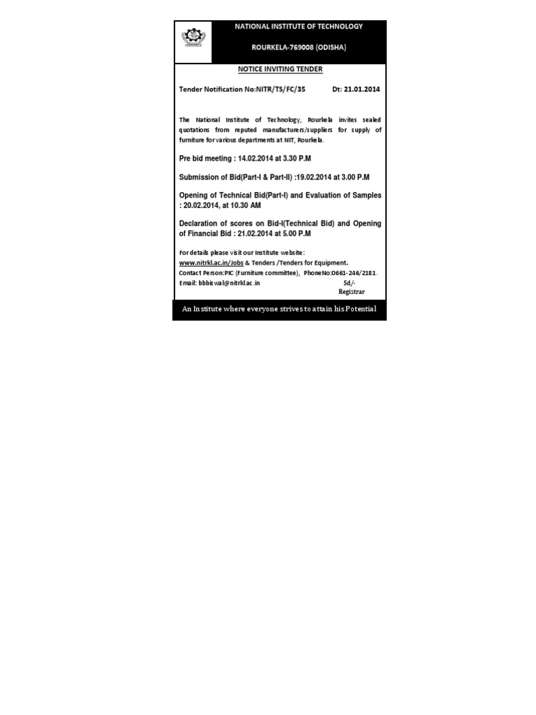 Notice Inviting Tender Tender Notification No:NITR/TS/FC/35 DT: 21.01.2014 | PDF | Arbitration ...
