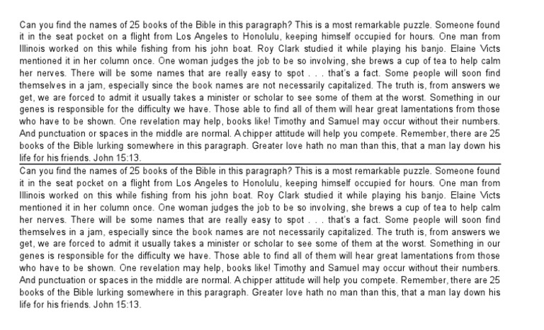 Can You Find the Names of 25 Books of the Bible in This Paragraph