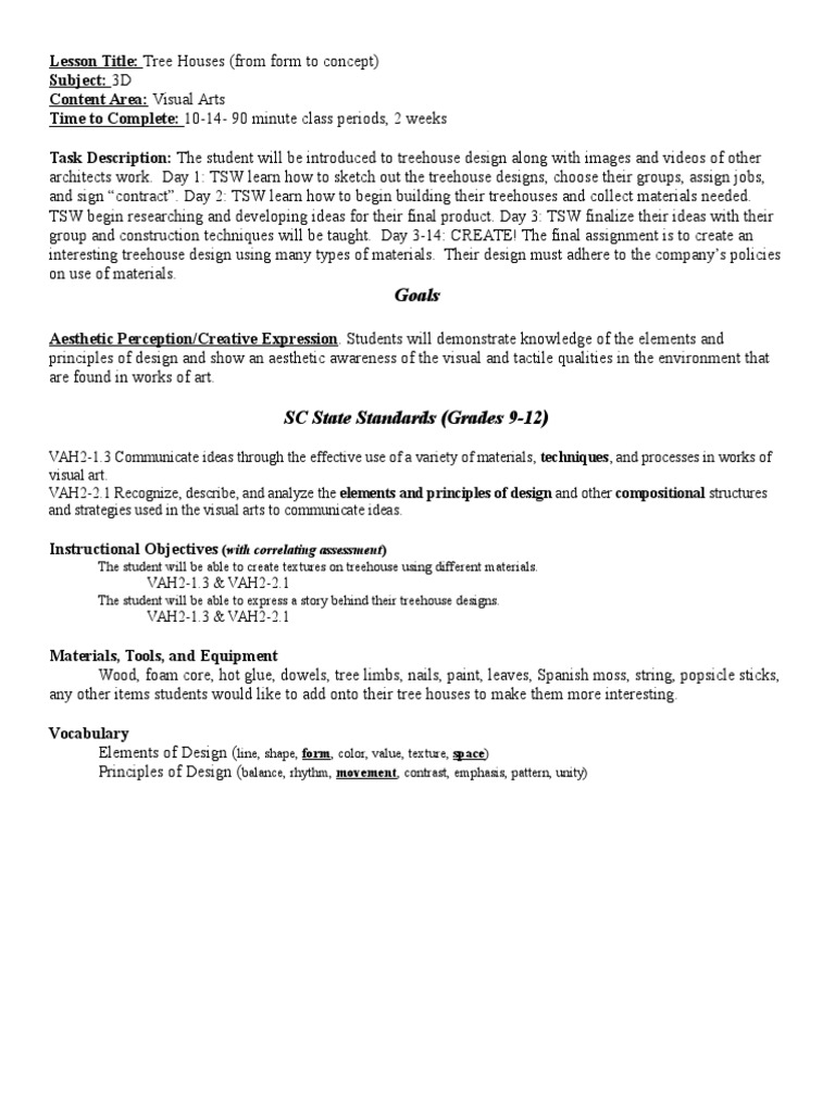 Tree House Lesson Plan | PDF | Design | Lesson Plan