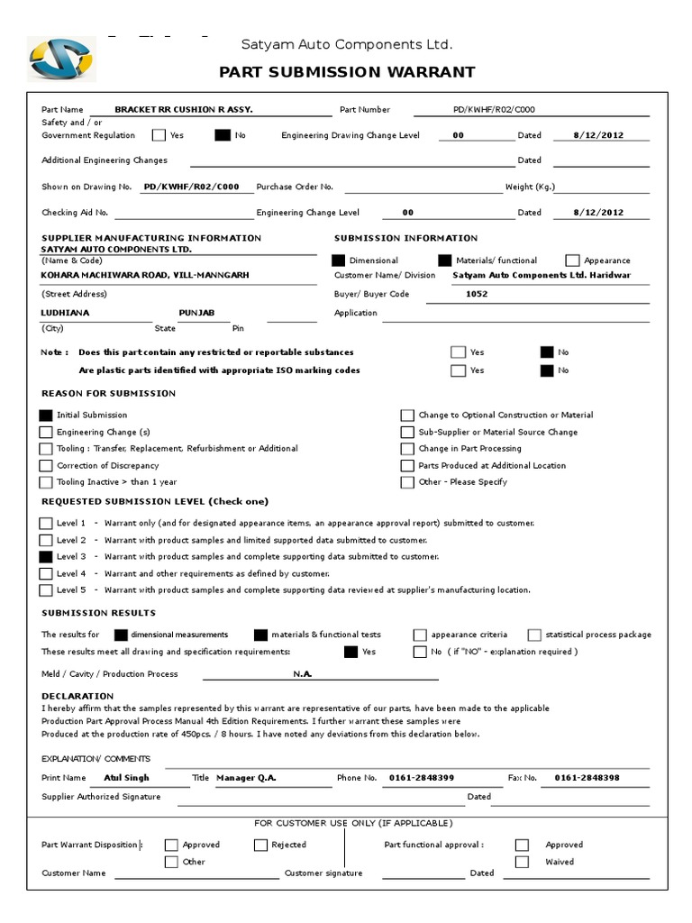 Part Submission Warrant | Production And Manufacturing | Technology ...