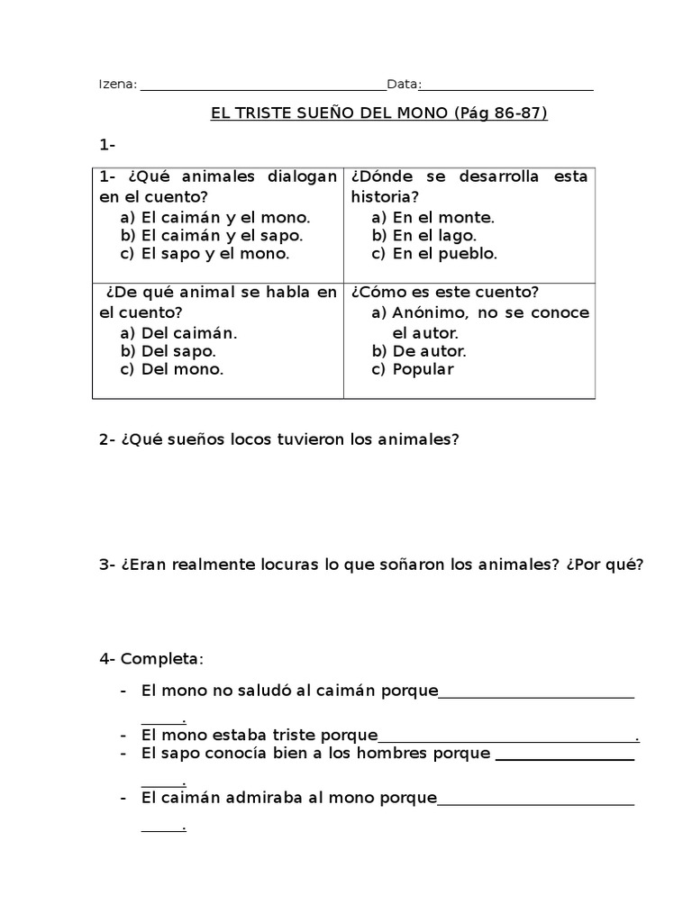 Comprensión Lectora El Triste Sueño Del Mono | PDF